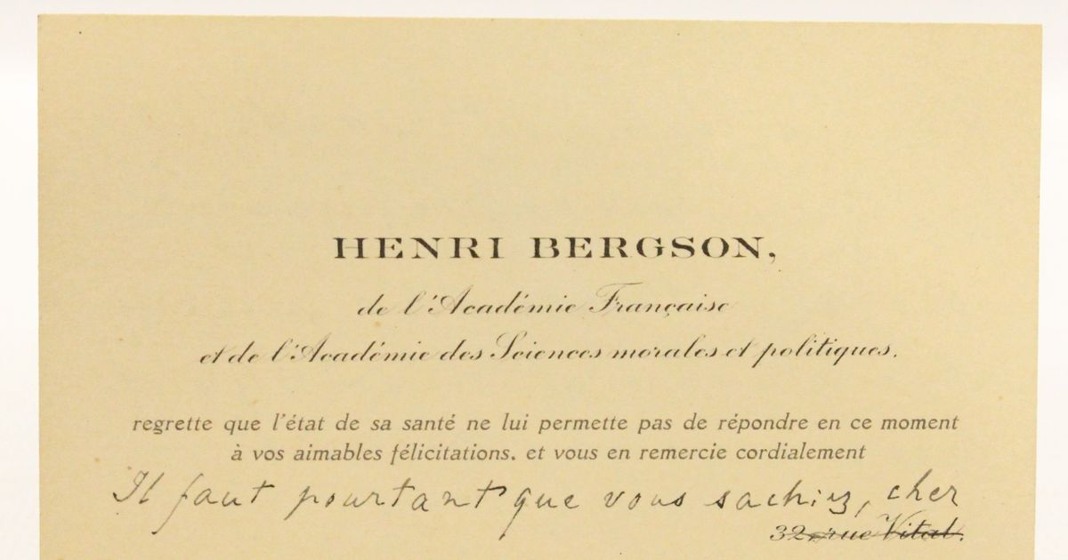 Henri BERGSON • Carte autographe signée de Henri Bergson à M. Turquem ...