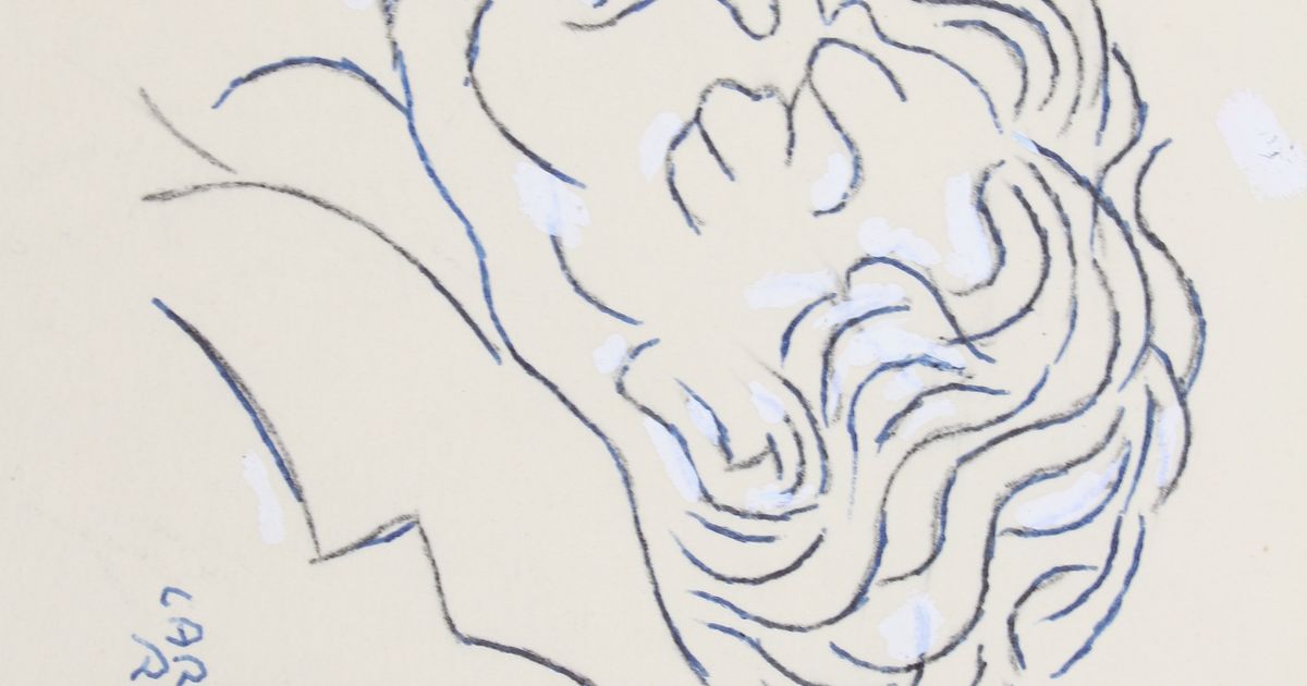 Carlo RIM • Dessin original au crayon noir rehaussé au stylo bille bleu ...